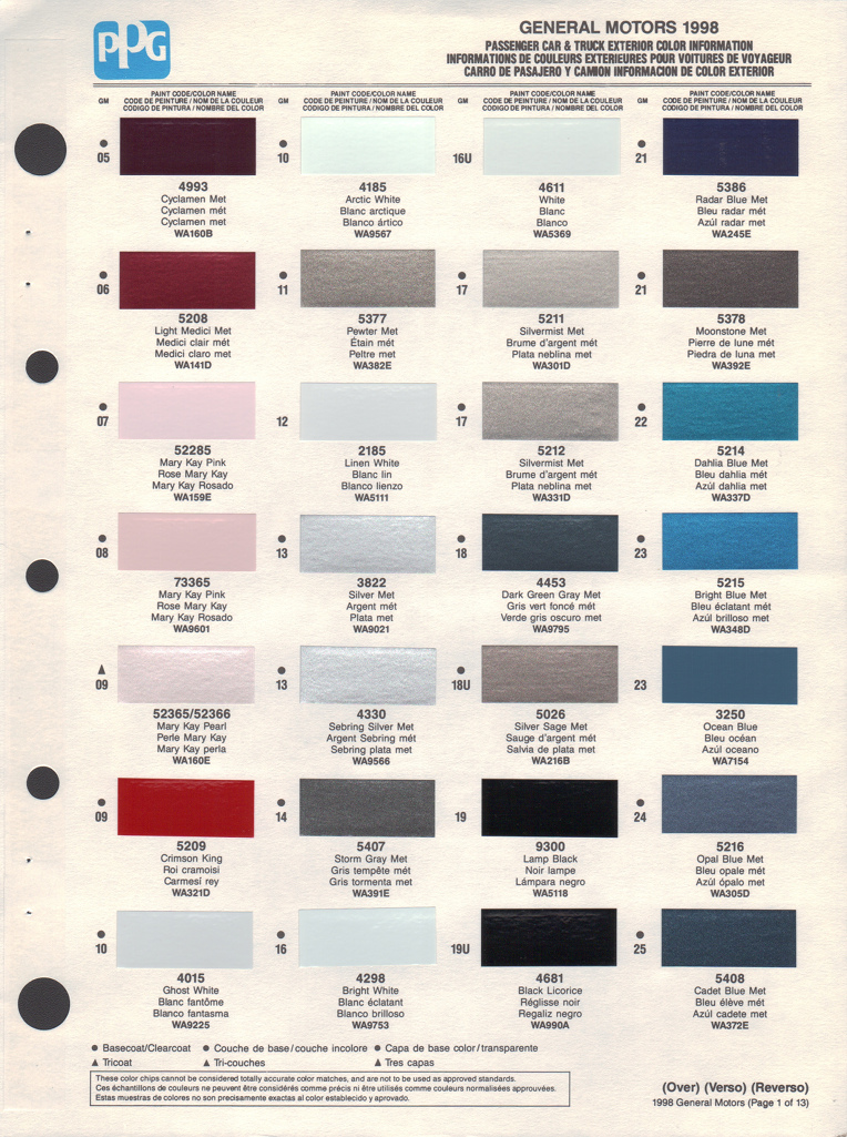 Paint Chips 1998 GM Chevrolet